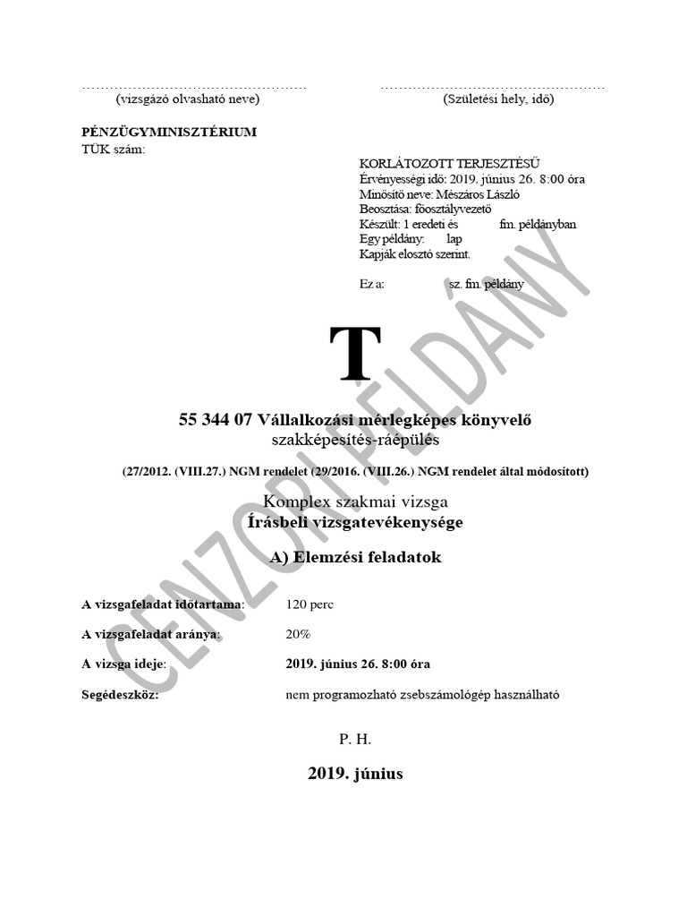 55 344 07 Vállalkozási Mérlegképes Könyvelő: Pénzügyminisztérium | PDF