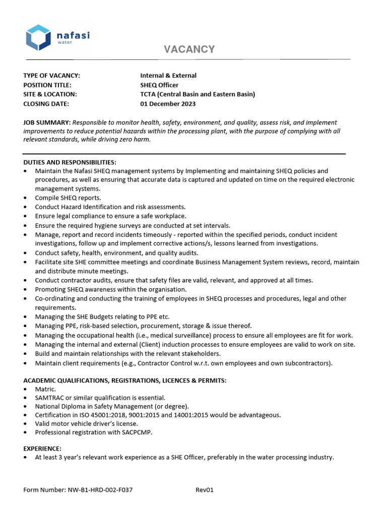 SHEQ Officer | PDF | Safety | Occupational Safety And Health