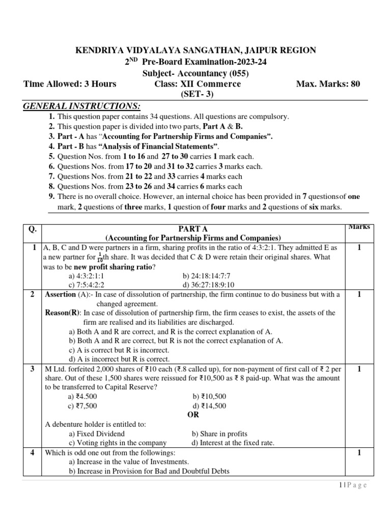 KVS Jaipur XII ACC QP & MS (2nd PB) 23-24 (SET-3) - 1-9 | PDF | Debits And Credits | Balance Sheet