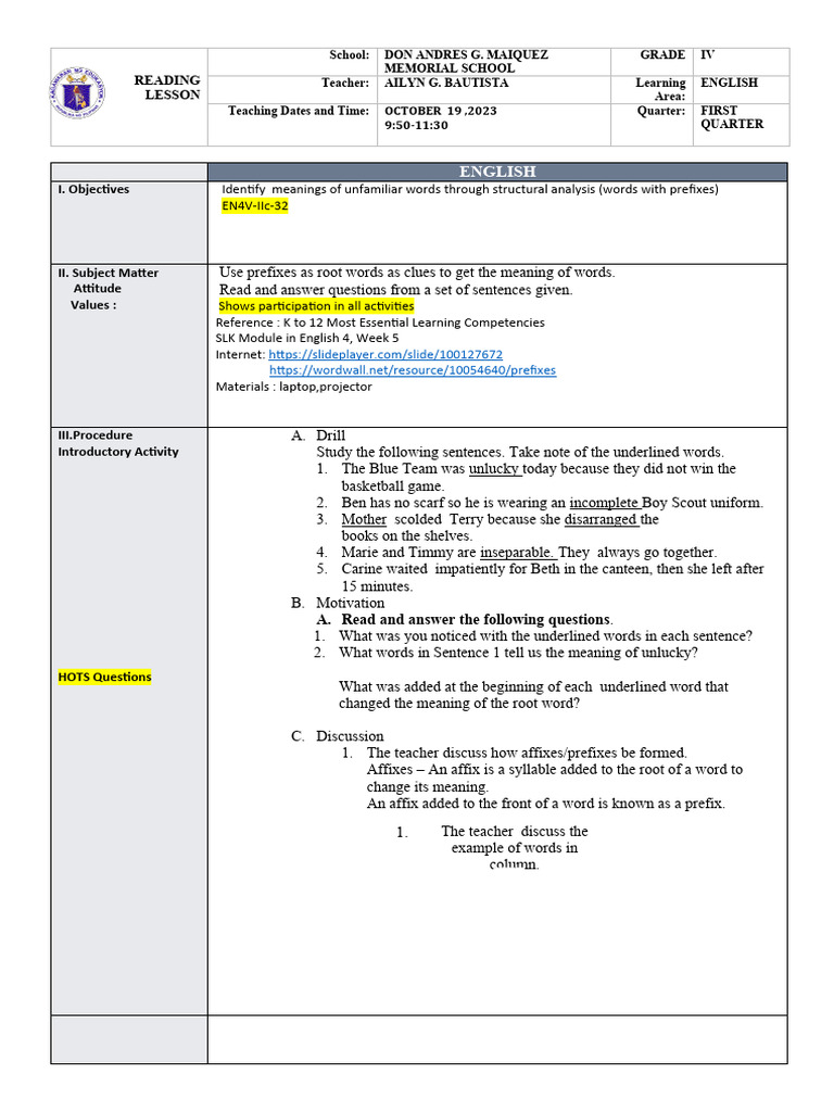 COT DLL AILYN Ist Eng 2023 | PDF | Word | Dictionary