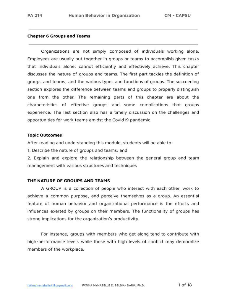 Chapter 6 Groups and Teams | PDF | Goal | Job Satisfaction