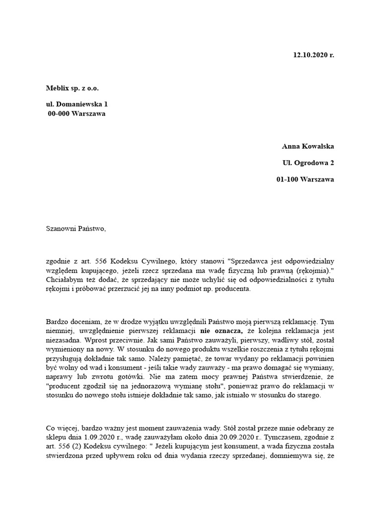 Przykład Reklamacji | PDF