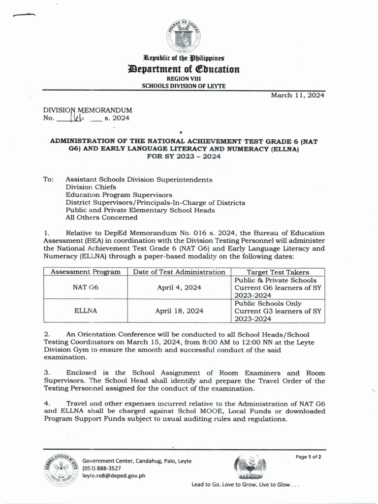 DM No. 166, S. 2024 Administration of The National Achievement Test ...