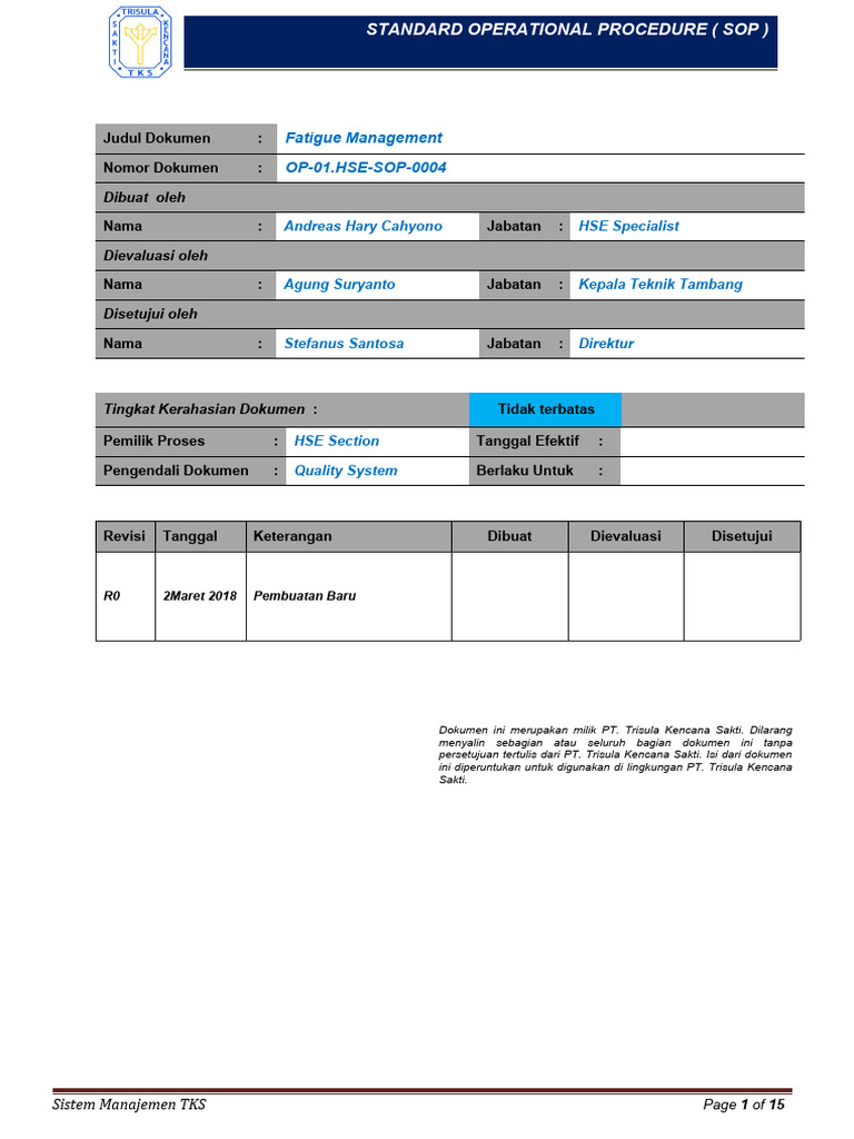 TKS - OPR-HSE-SOP-0004 Fatigue Management | PDF