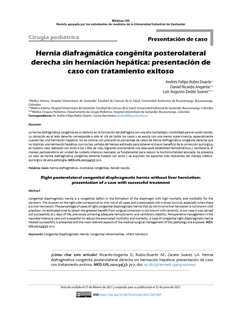 Hernia Diafragmática Congénita Posterolateral Derecha Sin Herniación Hepática: Presentación de ...