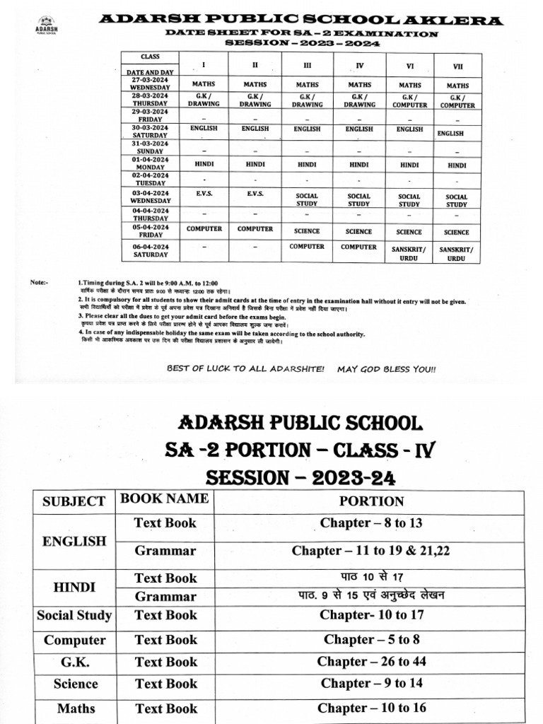 Class 4th SA2 Time Table Portion | PDF