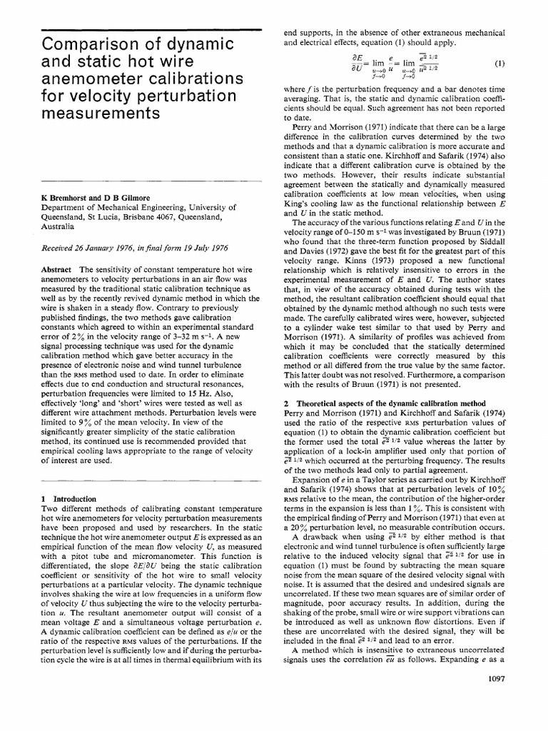 Comparison Dynamic and Static Hot Wire Anemometer Cali Brations For Velocity Perturbation ...