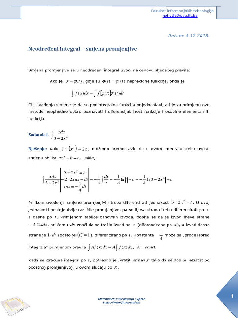 P+V9 MAT1 Neodredjeni Integral Smjena | PDF