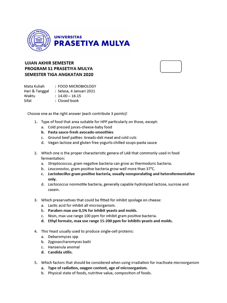 2021 - UAS Food Microbiology Answered | PDF | Food Safety | Food ...