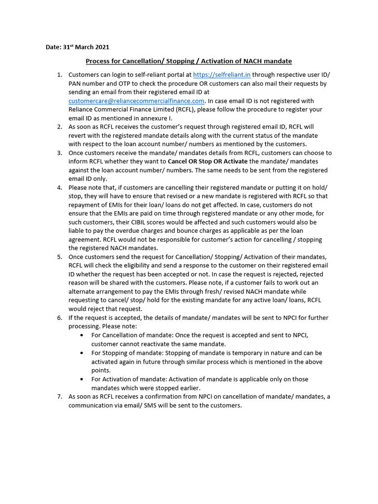 Process For Cancellation of NACH Mandate | PDF | Loans