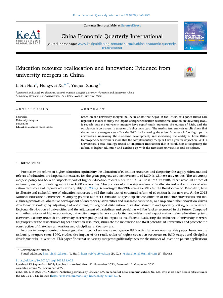 Education Resource Reallocation and Innovation-Evidence From University Mergers in China | PDF ...