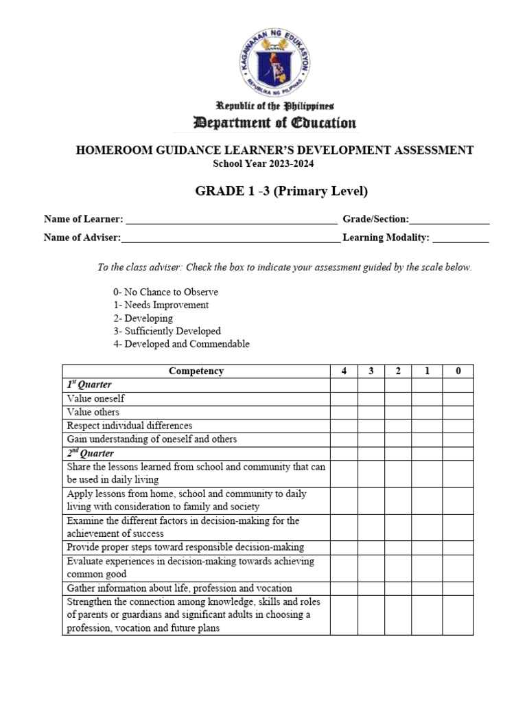 Homeroom Guidance Learners Development Assessment Grade 1 3 Deped ...