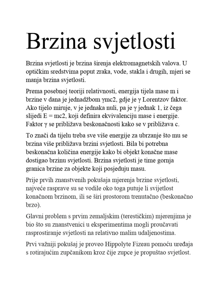 Brzina Svjetlosti - Fizika | PDF
