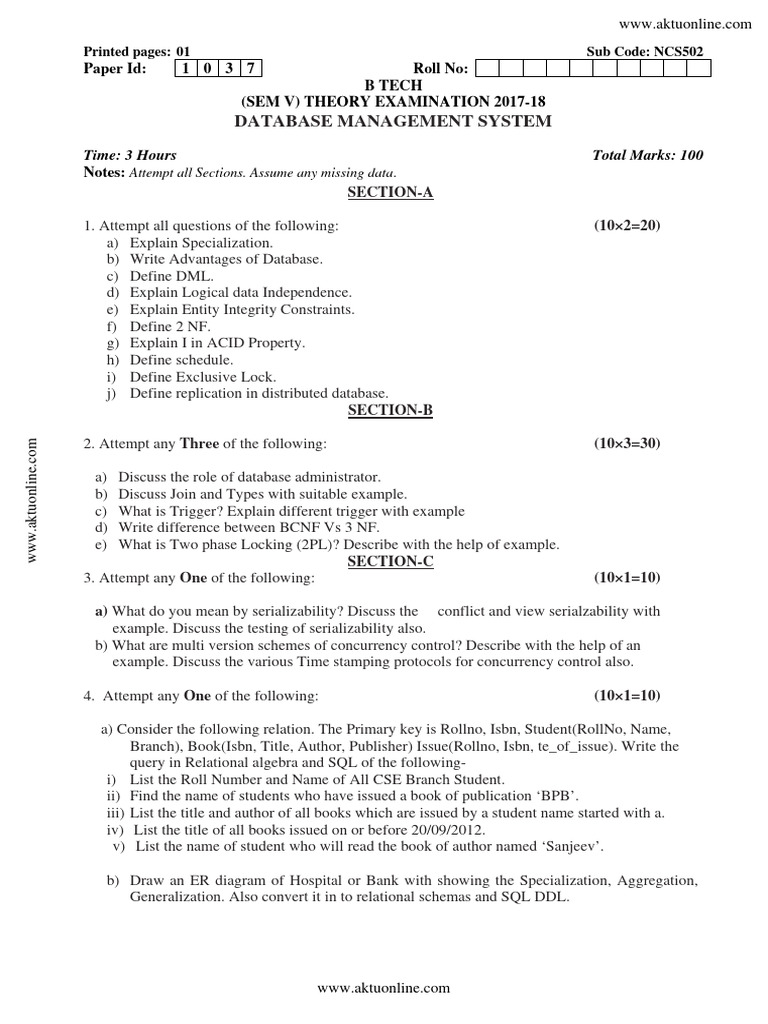 DBMS NCS 502 2017 18 | PDF | Databases | Relational Model