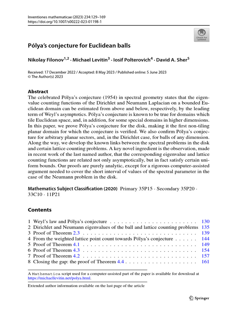 Polya's Conjecture For Euclidean Balls | PDF | Conjecture | Function ...