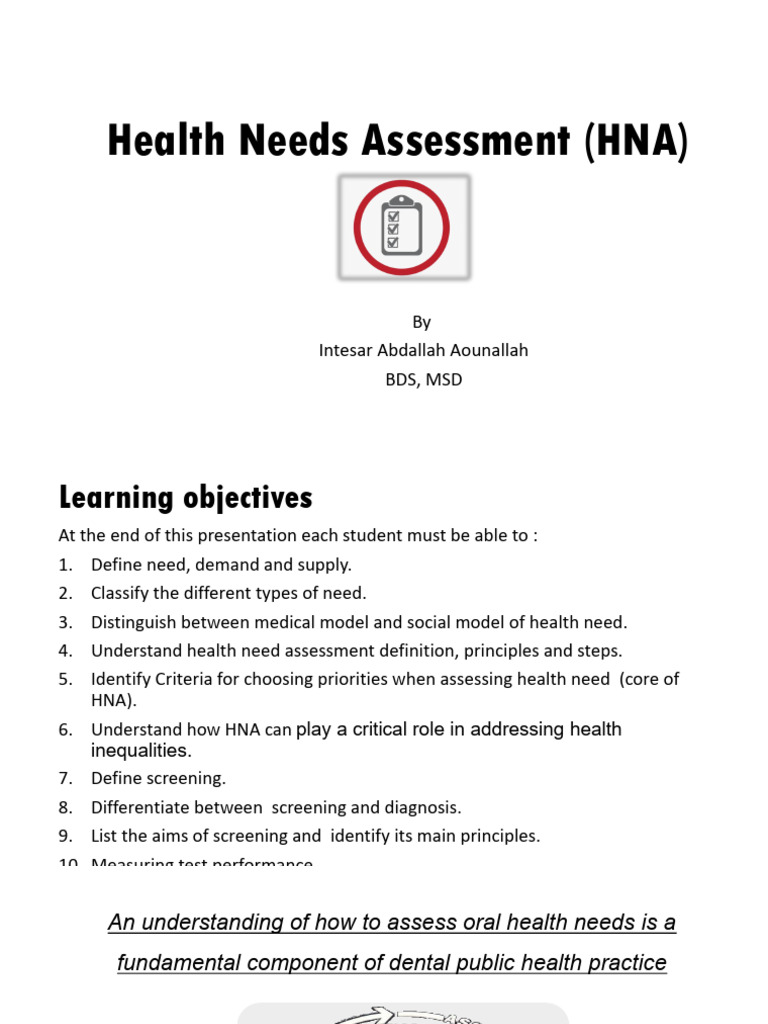 Health Needs Assessment Overview | PDF | Screening (Medicine ...
