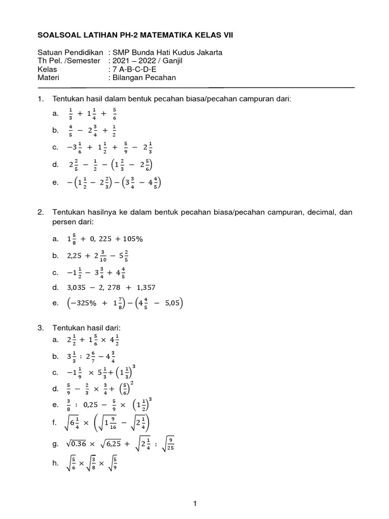 Soal Latihan PH Kelas 7 (Bil. Pecahan) | PDF