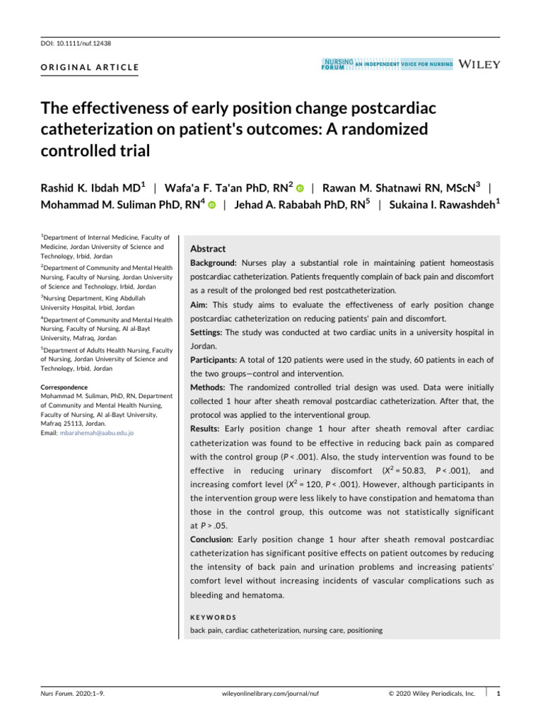 The Effectiveness of Early Position Change Postcardiac Catheterization ...