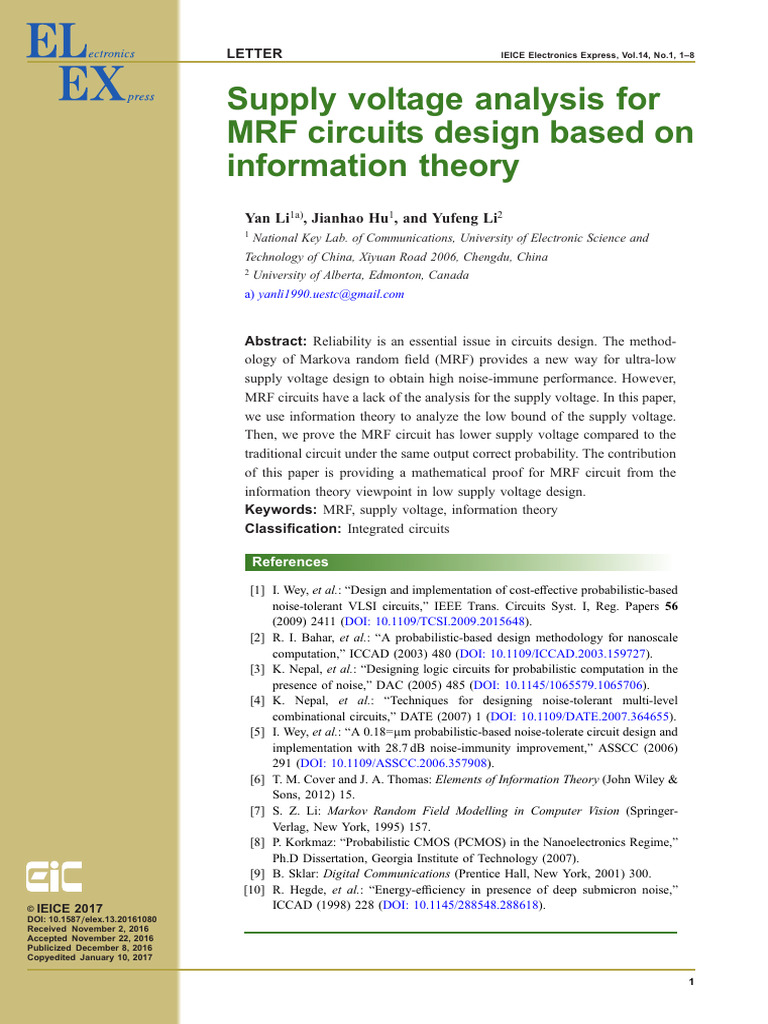 Supply voltage analysis for MRF circuits design based on information theory | PDF | Electrical ...