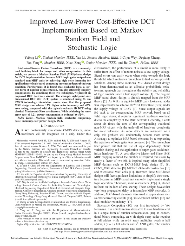 Improved Low-Power Cost-Effective DCT Implementation Based On Markov Random Field and Stochastic ...