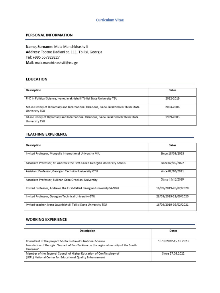 Maia Manchkhashvili CV: Academic Profile | PDF | Georgia (Country) | Turkey