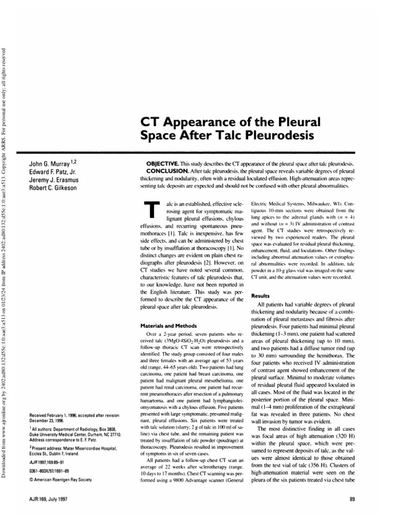 Murray Et Al 2013 Ct Appearance of the Pleural Space After Talc ... Murray Et Al 2013 Ct Appearance of the Pleural Space After Talc ...