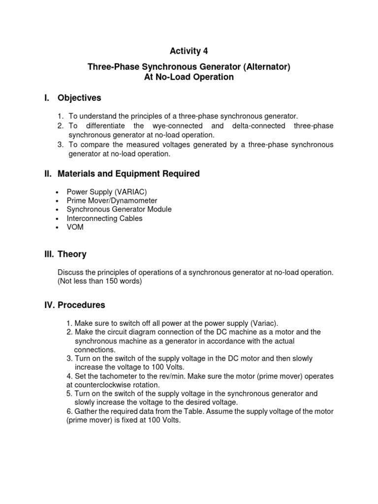 Activity 4 Three Phase Synchronous Generator At No Load Conditions Pdf Electric Generator
