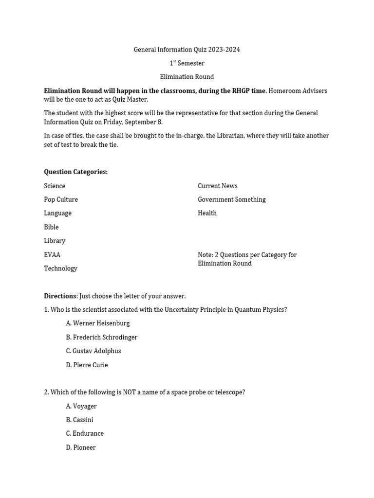General Information Quiz Elimination | PDF