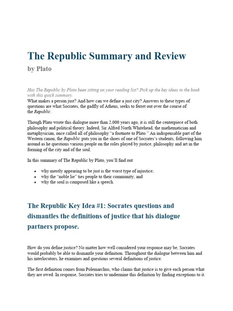 The Republic of Plato Key Points | PDF | Socrates | Plato