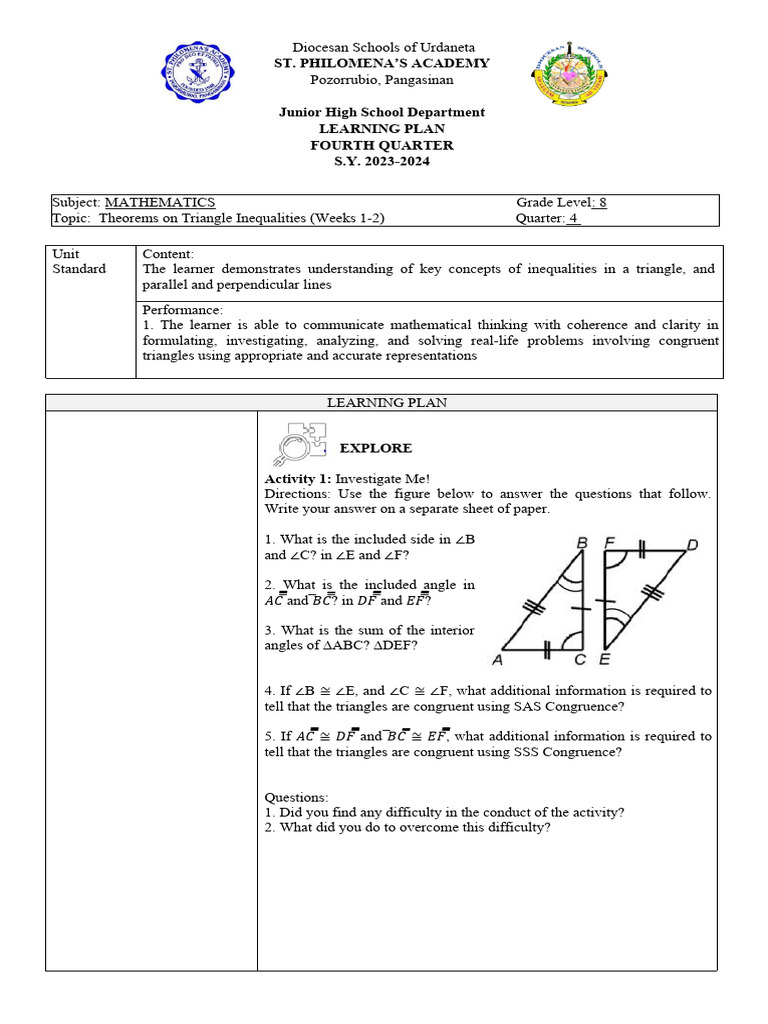 MATH 8-Learning-Plan - QUARTER 4 | PDF | Triangle | Mathematics