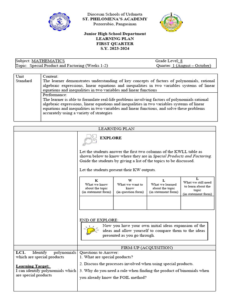 Math 8 Learning Plan Quarter 1 Pdf Cartesian Coordinate System