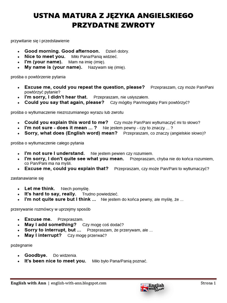 Matura Ustna Z Języka Angielskiego - Przydatne Zwroty | PDF