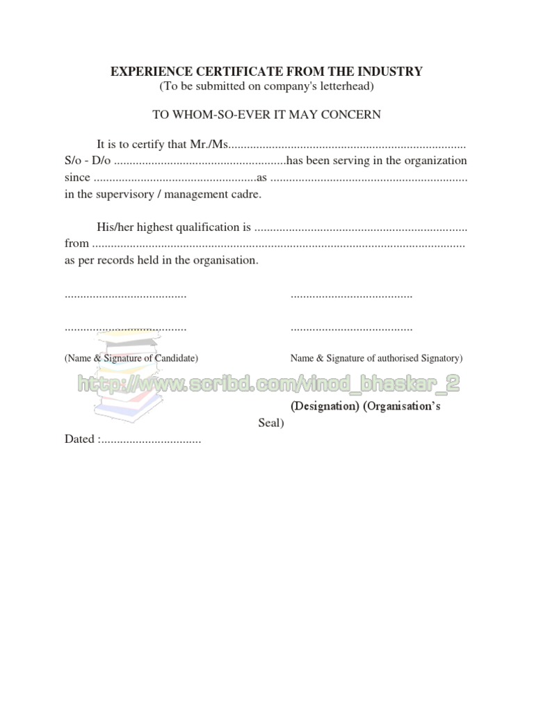 Experience Certificate From The Industry: (Name & Signature of ...