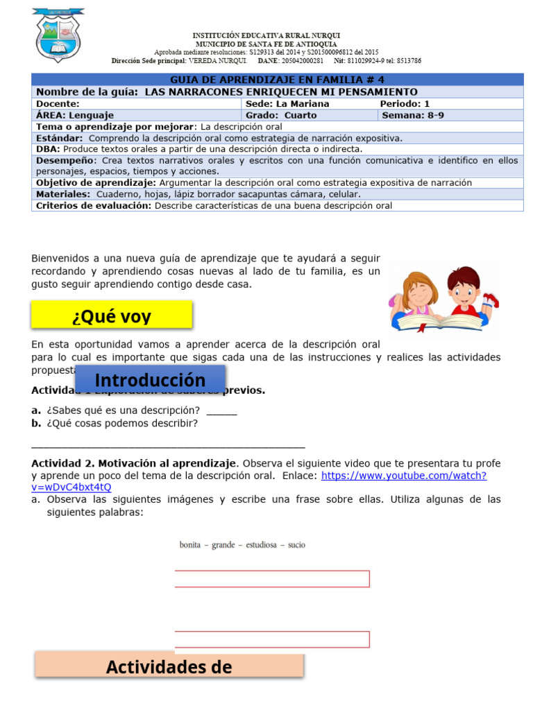 Guía de Aprendizaje: Descripción Oral 4° | PDF | Aprendizaje