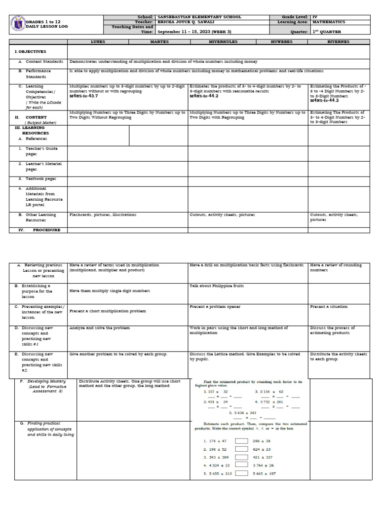 DLL Mathematics-4 Q1 W3 | PDF | Multiplication | Learning