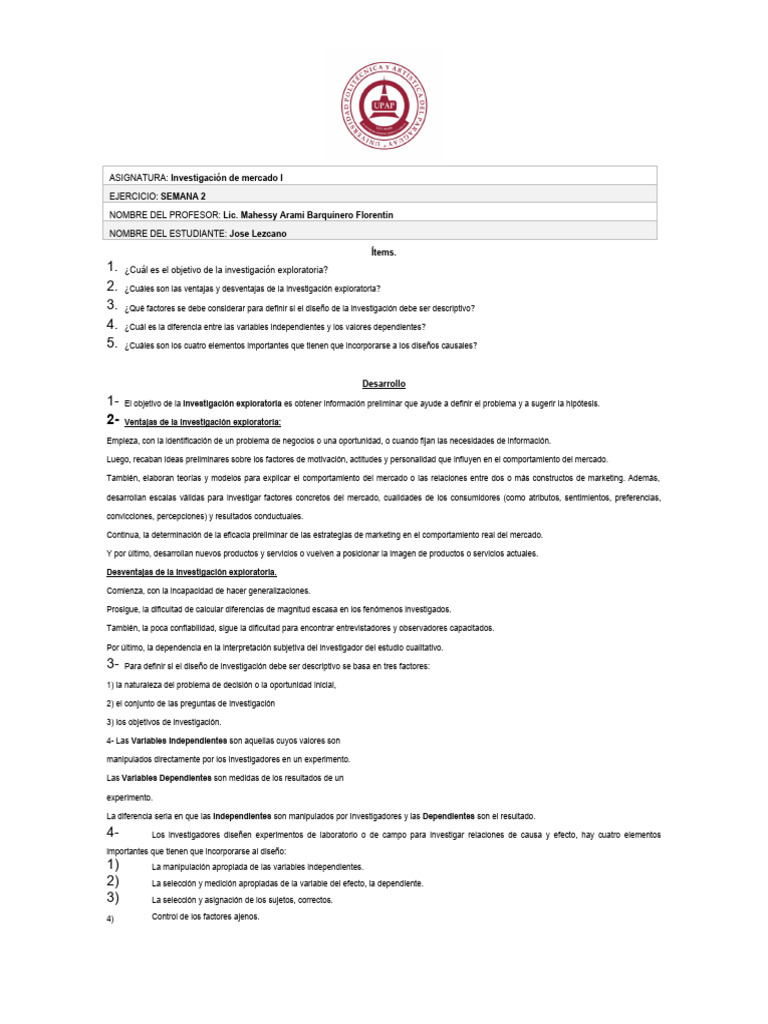 Semana II - Inv. de Mercado I - Jose Lezcano | PDF | Experimentar | Comportamiento