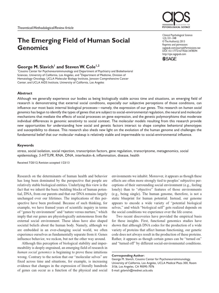 The Emerging Field of Human Social Genomics | PDF | Cell Signaling | Gene