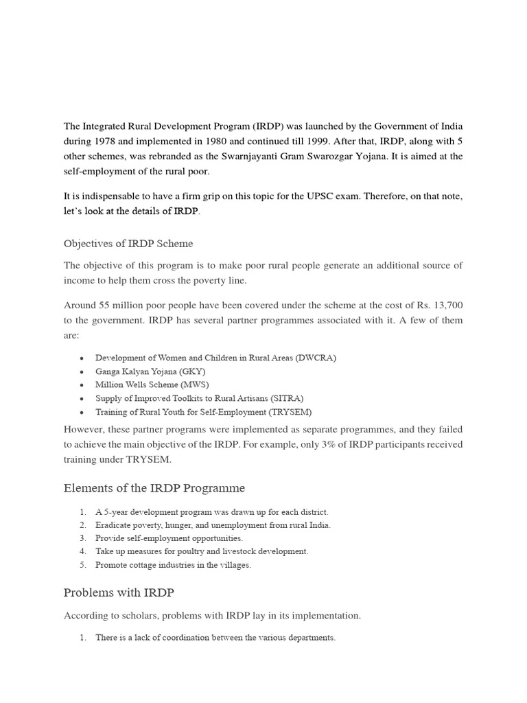 Integrated Rural Development Programme | PDF | Food Security | Banks