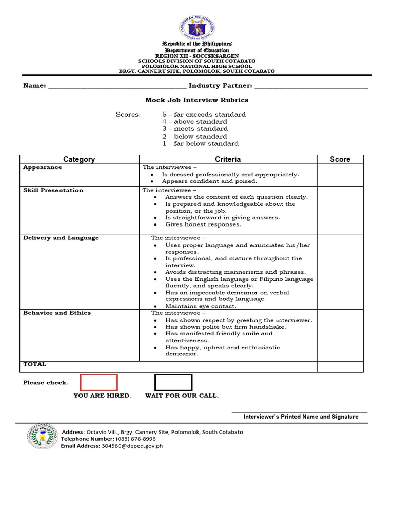 Mock Job Interview Rubrics | PDF | Job Interview | Communication