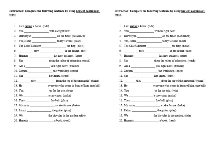 Present Continuous Tense Exercises | PDF