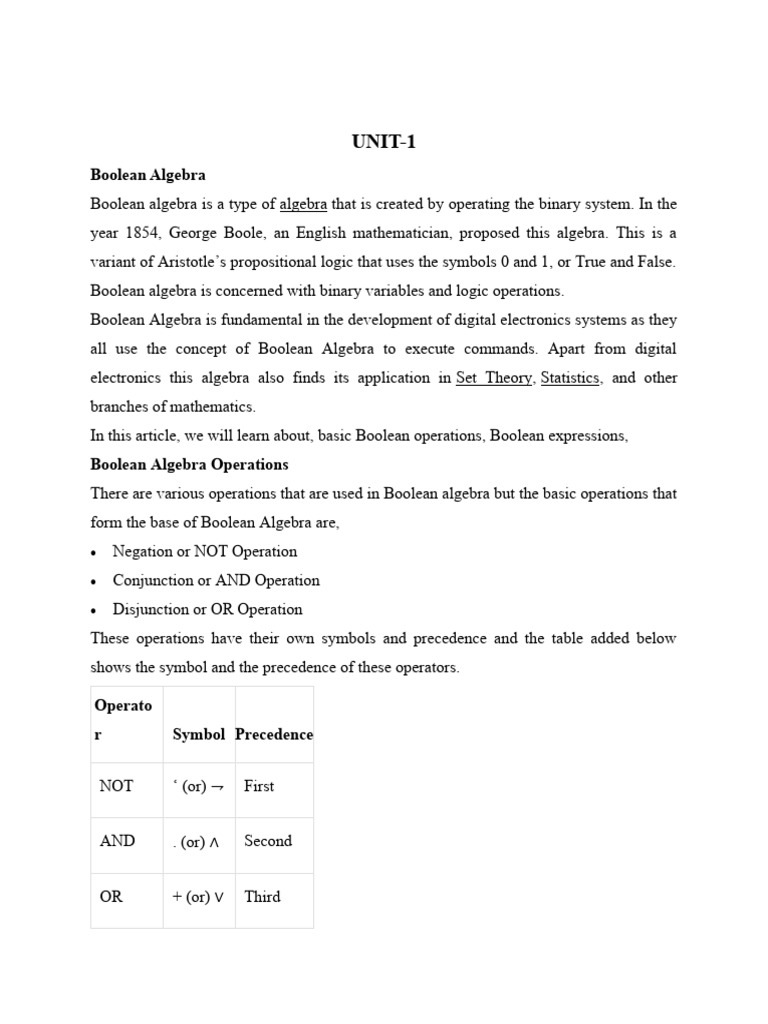 UNIT-1 - Boolean Algebra | PDF | Logic Gate | Boolean Algebra