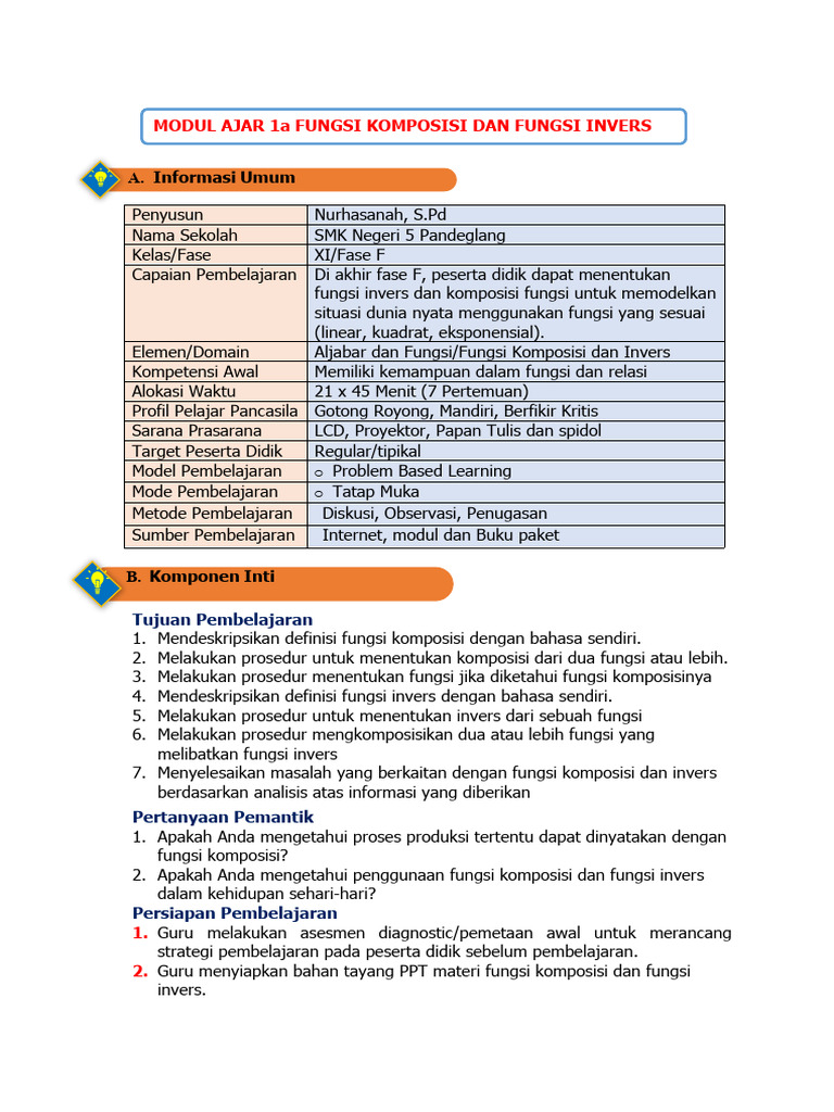 Modul Ajar 1 Fungsi Komposisi Dan Invers | PDF Modul Ajar 1 Fungsi Komposisi Dan Invers | PDF
