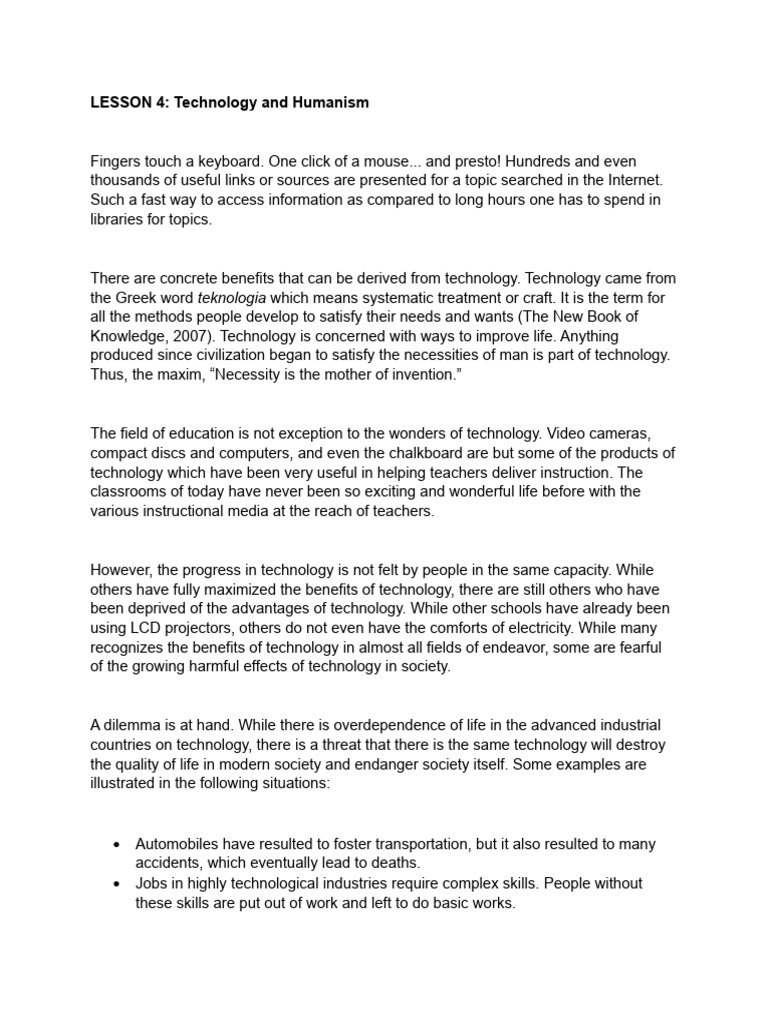LESSON 4 Technology and Humanism | PDF | Learning | Teachers
