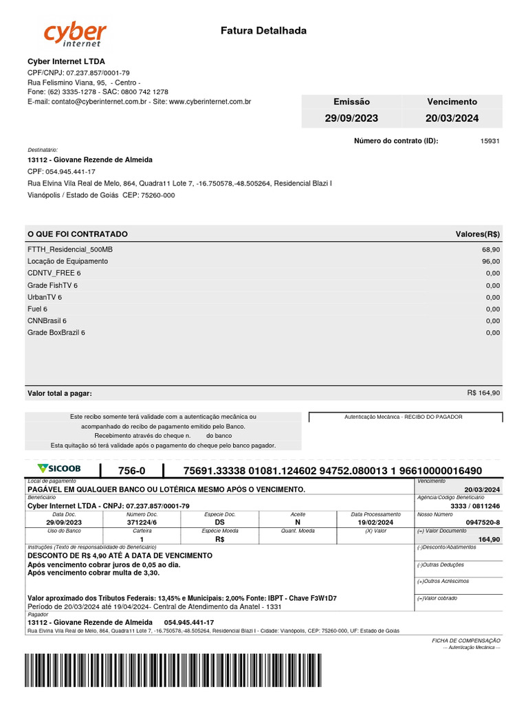 Fatura Internet Cyber | PDF | Indústrias de serviços | Bancos