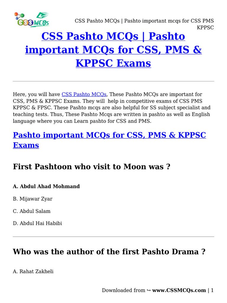 CSS Pashto MCQs - Pashto Important Mcqs For CSS PMS KPPSC | Download Free PDF | Khyber ...