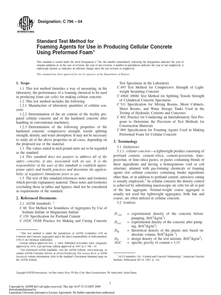 Foaming Agents For Use in Producing Cellular Concrete Using Preformed Foam | PDF | Concrete ...