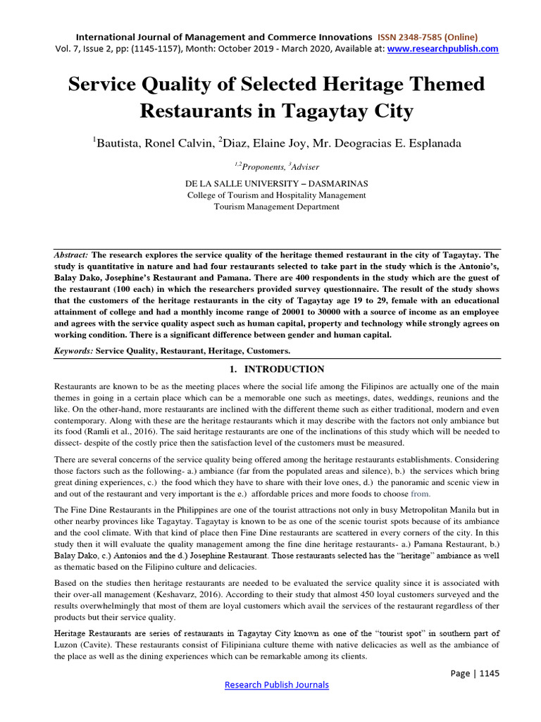 Service Quality in Tagaytay Restaurants | PDF | Survey Methodology ...