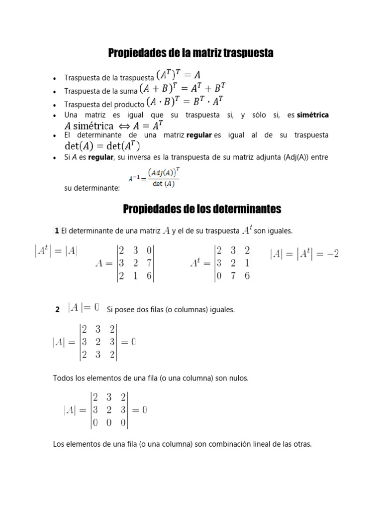 Propiedades de la matriz traspuesta | PDF