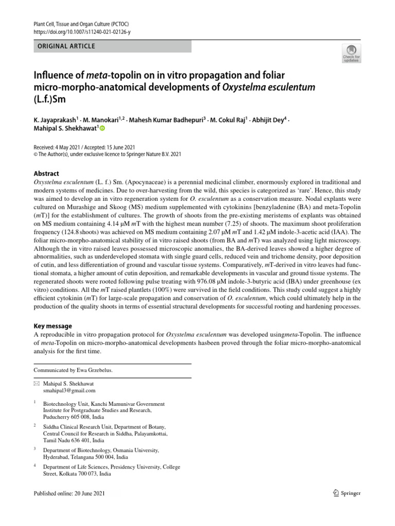 Influence of Meta Topolin On in Vitro Propagation and Foliar | PDF
