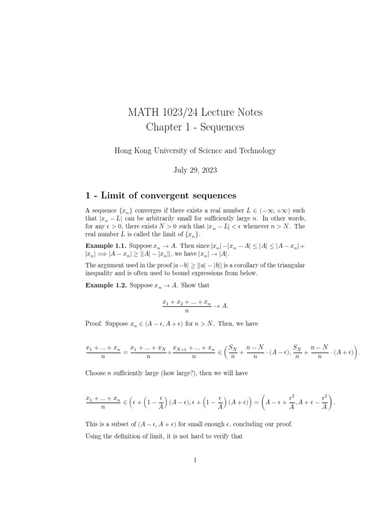MATH 1023/24 Lecture Notes Chapter 1 - Sequences: 1 - Limit of ...